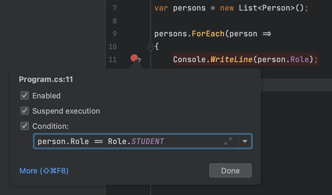 Conditional Breakpoint & Other Great Features in JetBrains Rider
