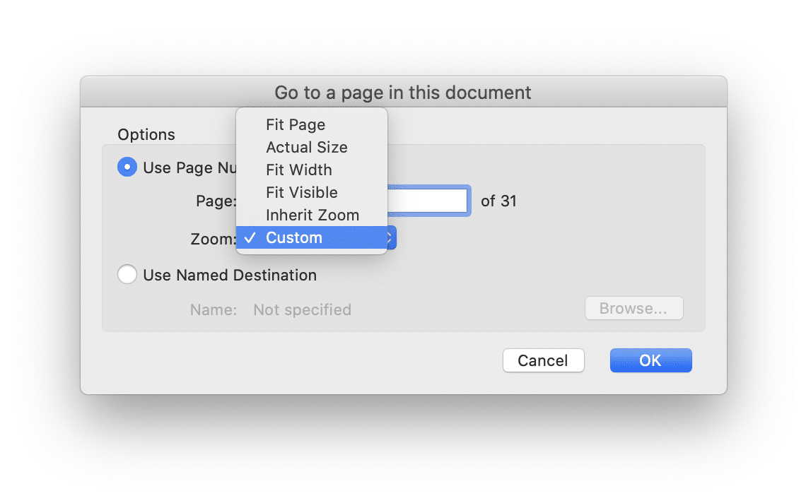 Internal PDF Links Zooming In or Out? Set the Zoom Level