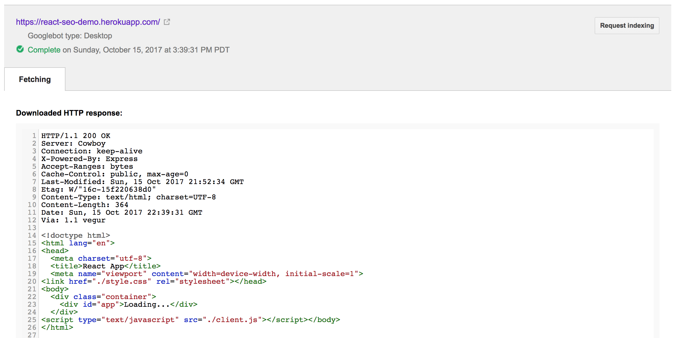 Testing React App SEO using Fetch as Google