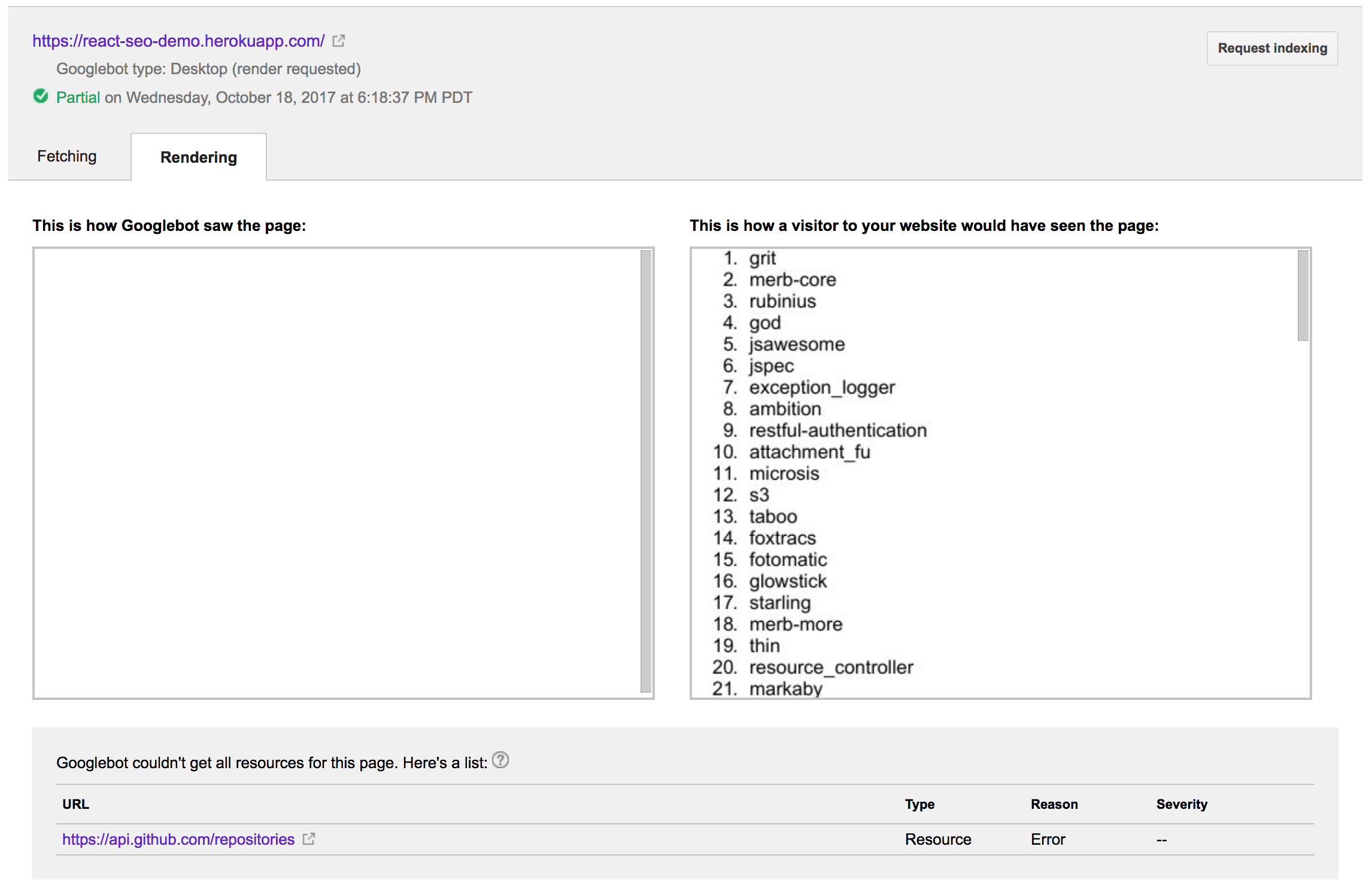 Testing React App SEO using Fetch as Google